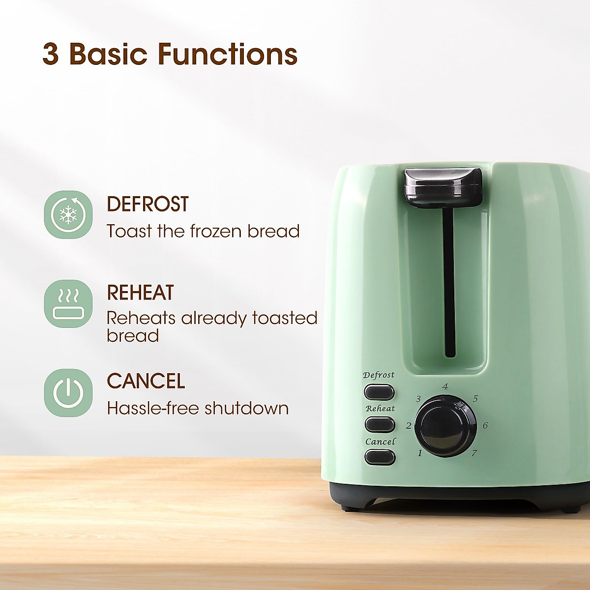 iSiLER 2 Slice Toaster, 1.3 Inches Wide Slot Bagel Toaster with 7 Shade Settings and Double Side Baking, Compact Bread Toaster with Removable Crumb Tray, Defrost Cancel Function Green