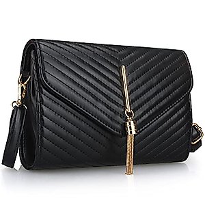 Black Leather Quilted Flap Crossbody Bag for Women - Perfect for Everyday Use, Best Cross body Purse Designer Shoulder Bag with Tassel