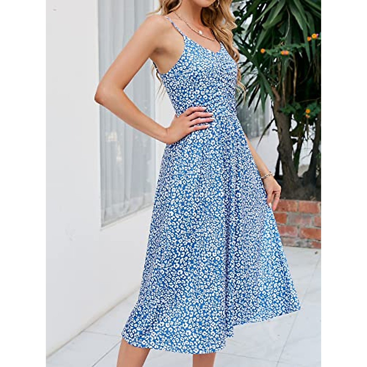 YATHON Boho Sleeveless Casual Midi Summer Dress V Neck Elastic Waist Floral Print Boho Midi Swing Homecoming Party Long Dresses (YT202-Blue W Pattern 01,S)