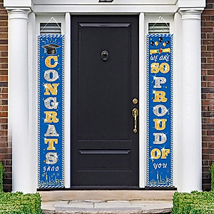 JoneTing 2022 Graduation Decorations Gold White and Blue Graduate Hanging Banner Congrats Grad Class of 2022 Banner We Are So Proud of You for College Banner Graduation Party Decor Party Supplies for Graduation