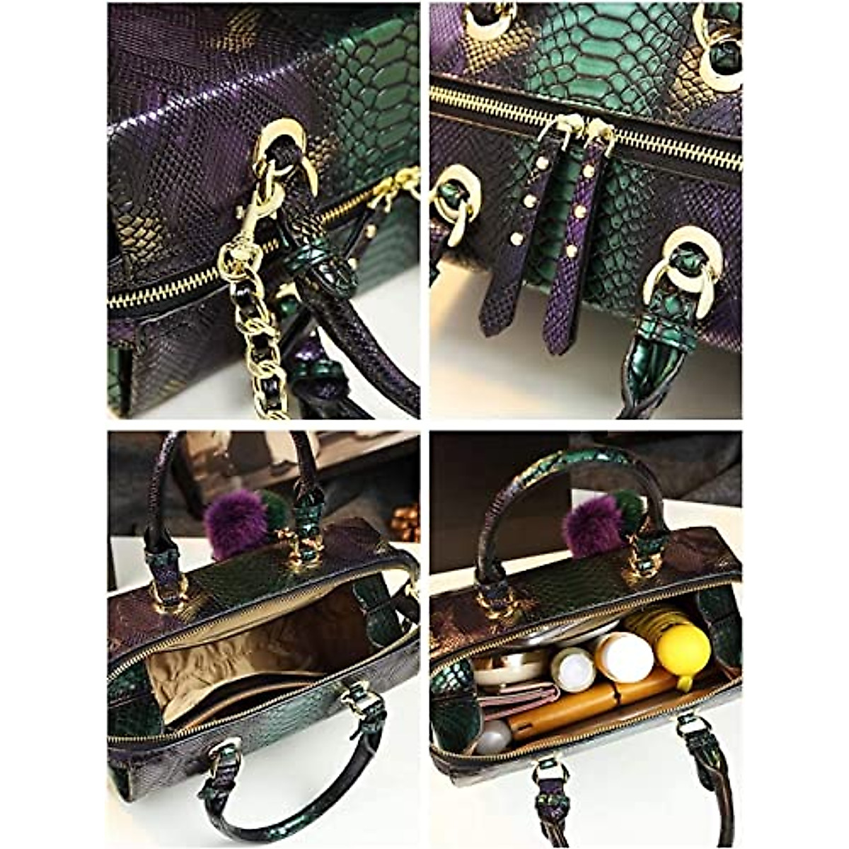 Shirt Luv Genuine Leather Women's Snake Pattern Handbags Chain Shoulder Crossbody Purses Box Top Handle Satchel Bags (Purple)
