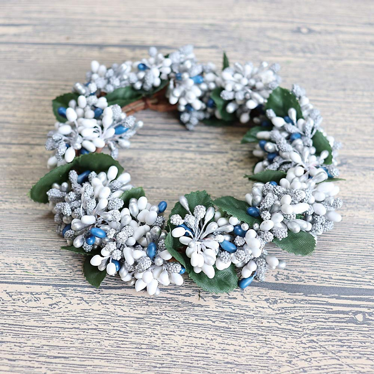 soofylia 4 Pack White Blue Beads Christmas Candle Rings, Tea Light Candle Holder Mini Wreaths for Rustic Wedding Party Table Centerpieces Christmas Napkin Rings Room Decor Christams Decorations