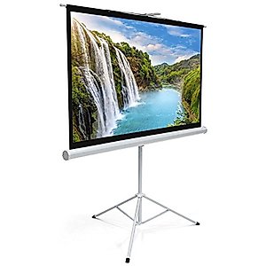 Displays2go 63 x 36 Inch Projector Screen with Height Adjustable Tripod Stand – Black (PRSTRI72)