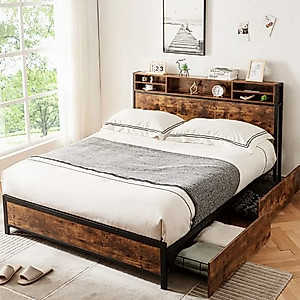 LAGRIMA Queen Bed FrameBookcase Headboard and 4 Drawers, Metal Platform Storage Bed, Mattress FoundationMetal Slat Support, No Box Spring Needed, Easy Assembly Space Saving T-B836 Vintage Brown