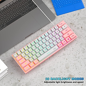 MageGee 60% Wired Gaming Keyboard, RGB Backlit Ultra-Compact Mini Keyboard, Waterproof Mini Compact 61 Keys Keyboard for PC/Mac Gamer, Typist, Travel, Easy to Carry on Business Trip(White Pink)