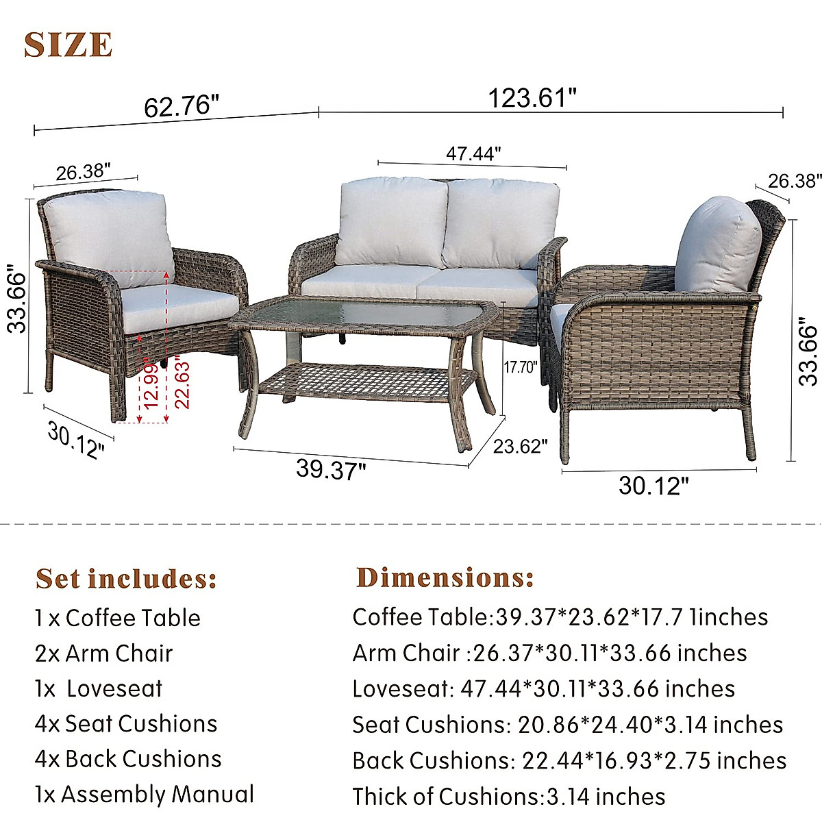 XIZZI 4 Pieces Outdoor Wicker Patio Furniture Set, All Weather Rattan High Back Loveseat with Cushions, Coffee Table and Armchairs, Modern Garden or Backyard Lounge Set (Grey Rattan-Grey Cushion)