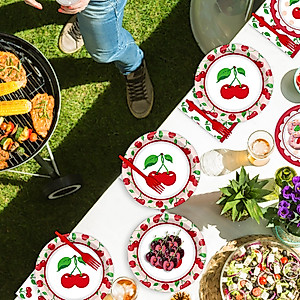 OBUSATT 100 Pcs Cherry Fruit Party Supplies Tableware Set Summer Tropical Picnics Dinnerware Set Disposable Paper Plates Napkins for Baby Shower Birthday Party Decoration for 25 Guests