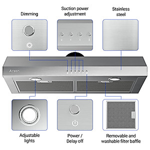 AROAN 30 inch Under Cabinet Range Hood with 900 CFM, Slim Stainless Steel Vent Hood for Kitchen with 4 Speed Soft Touch Switch, Reusable Aluminum Mesh Filters, Adjustable LED Lights (ANC02-30A)