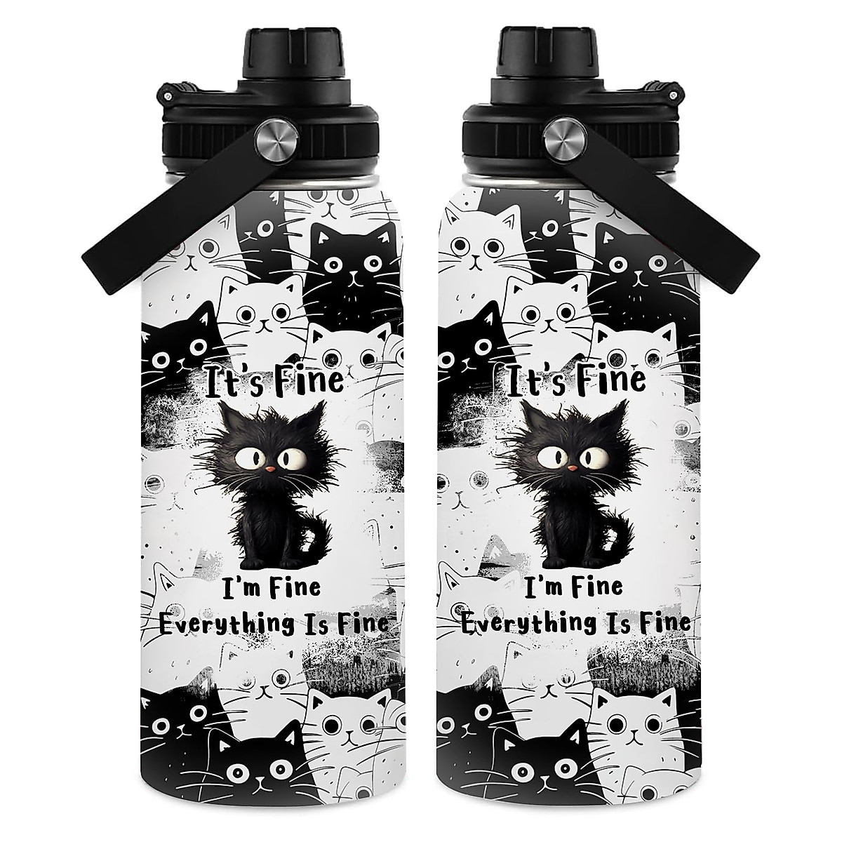 WWHSAI Cat Lover Gifts, Everything Is Fine I'm Fine Black Cats Water Bottle Travel Tumbler 32Oz, Christmas Birthday Gift for Cats Lovers Women Cup Cute Cat Themed Stuff Funny Coffee Mugs