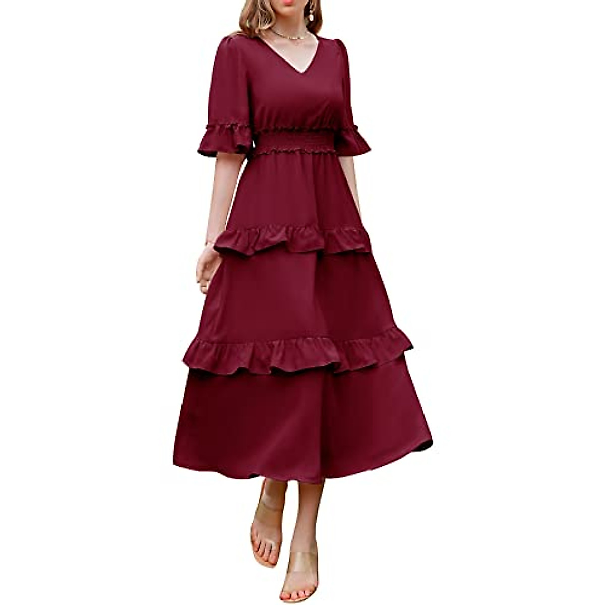Aonour Womens 2023 Summer Wedding Casual Flutter Sleeves V Neck Flowy Cute High Waist Tiered Ruffle Midi Dress Baby Shower Amazon Modest Dresses ARC1002 Burgundy L