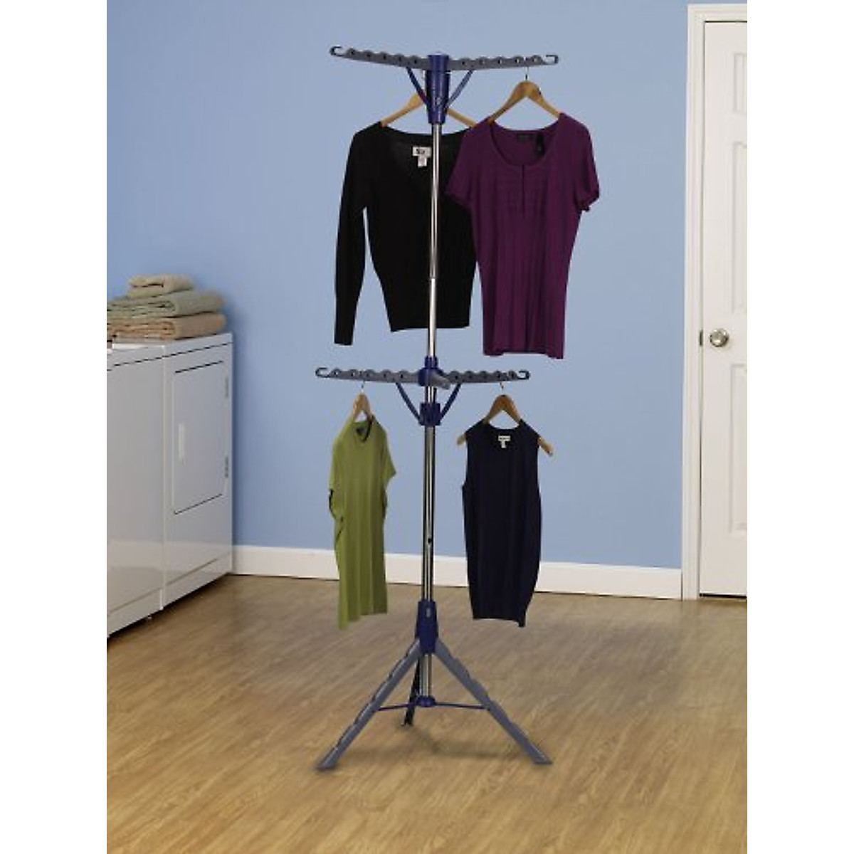 Household Essentials 5012-1 Portable 2-Tier Clothes Drying Rack Tri-pod | Dry Wet Laundry or Hang Clothes | Silver and Blue