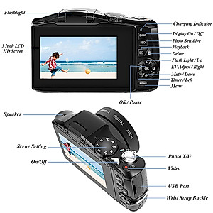 Lincom Tech Digital Camera, 2.7K 48MP Full HD Vlogging Camera Rechargeable YouTube Camera, 3 Inch Portable Compact Mini Blogging Camera Point and Shoot Camera for YouTube, Black