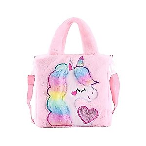 Women Fluffy Plush Handbag with Unicorn Motif Faux Fur Shoulder Bags Large Capacity Tote Bag with Retractable Strap (PK)