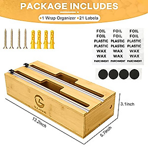 Wrap Organizer with Cutter and Labels, 2 in 1 Plastic Wrap Dispenser with Cutter,Foil and Plastic Wrap Organizer, Aluminum Foil Dispenser Organization and Storage - Fits 12" Roll