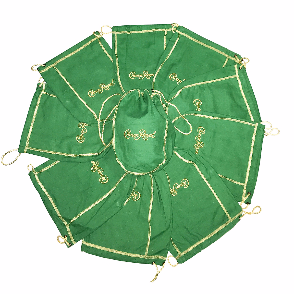 Pack of 10 Green Crown Royal Bags w/Gold Drawstrings from 1 Liter Bottles (9 inch x 5.5 inch) for Gift Bags, Carrying Card Games or Dice Bulk Fabric for quilting sewing or crafts (10)
