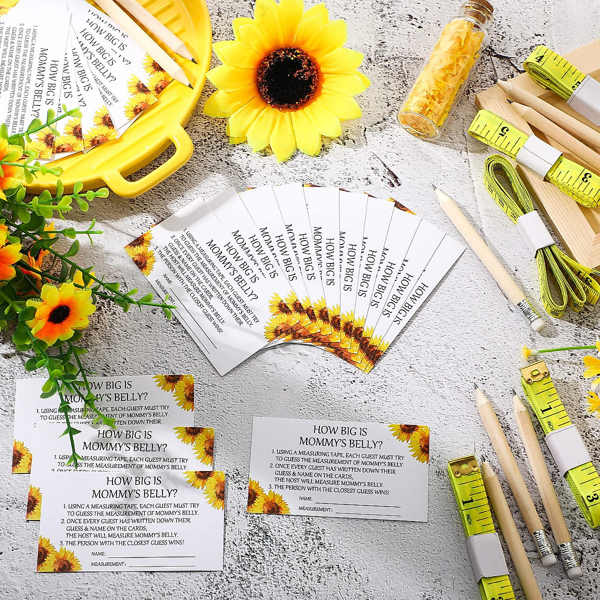 Sabary 64 Pcs Guess Baby Shower Games Include How Big Is Mommy's Belly Sign Measure Baby Bump Game and 50 Guessing Cards with 10 Pencils 3 Measuring Tapes for Baby Shower Party(Sunflower)