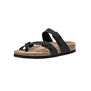 CUSHIONAIRE Luna Cork Footbed Women's Sandals - Comfortable Slip-On Slides with Adjustable Straps & Memory Foam for All-Day Wear | Beach Essential Summer Sandals for Women 2025, BLACK 9