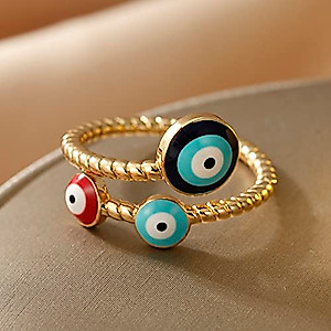 Winssigma Evil Eye Ring for Women, Gold Plated Colorful Cubic Zirconia Turkish Faith Protection for Women(Evil Eye G)
