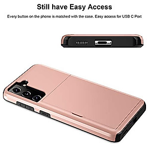 Jiunai for Samsung S21 Case, Galaxy S21 Case Credit Card IDs Cash Holder Shell Wallet Case Slide Cover Dual Layer Hard PC Rubber Cover Phone Case for Samsung Galaxy S21 5G 6.2'' 2021 Rose Gold