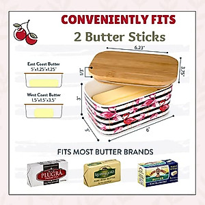 BUTLER & CHEF Flamingo Butter Dish With Lid For Countertop or Refrigerator - Large Airtight Covered Porcelain Ceramic Keeper - 2 Stick Holder With Bamboo Lid