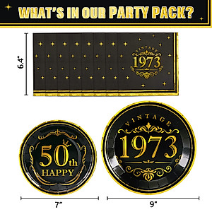 50th Paper Plates and Napkins - Gold Foil Stamp 72PCS Disposable Plates Paper Napkins, Vintage 1973 Retirement Wedding Anniversary Birthday Party Balck Gold Tableware Serves 24 Guest, 9” & 7” Plates