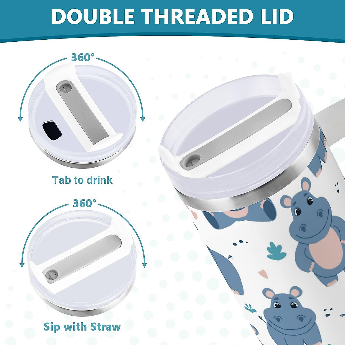 Wfrish Cute Blue Hippos Tumbler with Handle and Straw Lid, 40 oz Insulated Coffee Cup Stainless Steel Water Bottle Travel Mug Cupholder Friendly,Gifts for Women Men