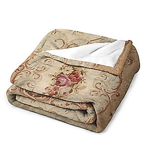 Antique Rose Floral French Aubusson Rug Flannel Fleece Throw Blankets 50"X40" Lightweight Fluffy Winter Fall Blanket Cozy Soft Fuzzy Plush Home Decor for Couch Bed Sofa Bedroom Living Room Travel