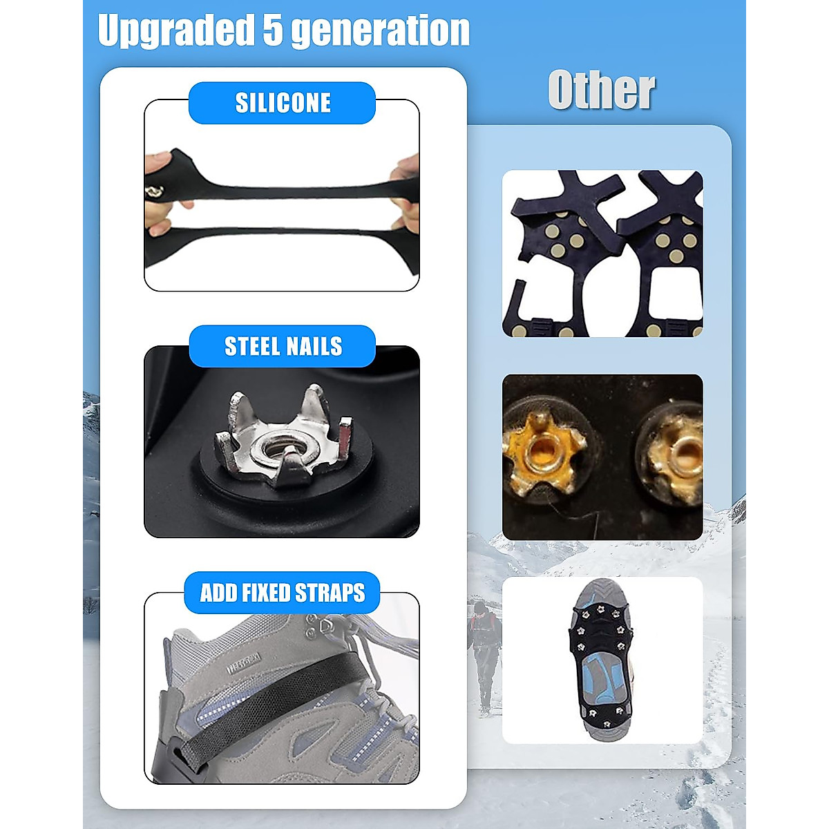 11 Spikes Crampons, Upgraded Version Stainless Steel Anti-Slip, Ice Cleats Traction Grips for Hiking Shoes and Boots, Safe Protect for Hiking Fishing Mountaineering Walking,Black,Large