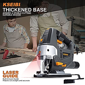 KSEIBI 714011 Jig Saw Corded Electric Machine Tool 6.5A, with Laser & LED, 6 Variable Speed, 9 Tool-Free Blades, ±45° Bevel and Straight Cutting, 4 Orbital Settings and, 8 Feet Cord - KST 110V