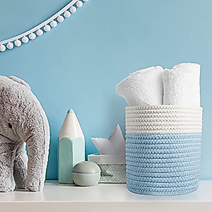 VASS Group 2-Pack 100% Cotton Rope Baskets with Leather Handles – 8”x 7” Sturdy Hanging Woven Wall Storage Bins for Home Decor Organizing – Blue