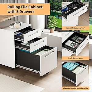 COFaR Cabinet, 3 Drawer Metal File Cabinet with Lock & Wheels, Under Desk Storage for Home Office, Fits Legal/Letter/A4, Vertical Filing (White, 22.5 x 19.7 x 14.9 inches, 40lbs)