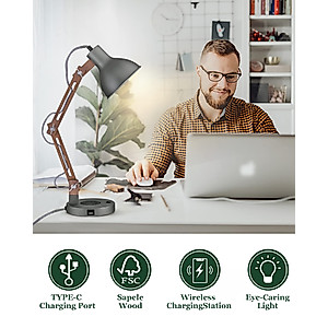 ELYONA Farmhouse Floor Lamp with Grey Desk Lamp, Bedside Table Lamp with Wireless Charging & USB Ports, Nightstand Lamp with Solid Wood Shelves,Standing Light for Bedroom, Living Room, Office