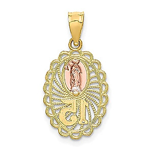 IceCarats 14K Two Tone Gold Quinceanera 15 Years Old Birthday Our Lady of Guadalupe Virgin Mary Necklace Virgencita Maria Rosa Pendant Catholic Christian Holy Mother Medallion Charm Only