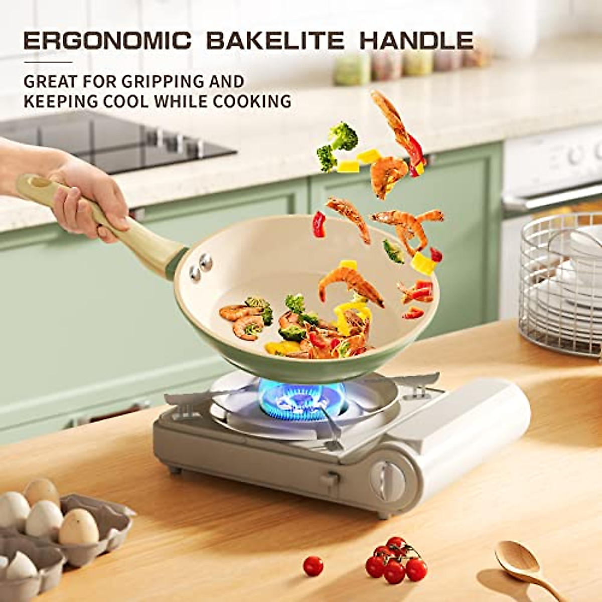 Nonstick Frying Pan, Healthy Ceramic Nonstick 8 Inch Frying Pan Skillet, Small Frying Pan Non Stick Omelette Pan with Bakelite Handle, Induction Compatible, 100% PFOA TOXIN Free, Green