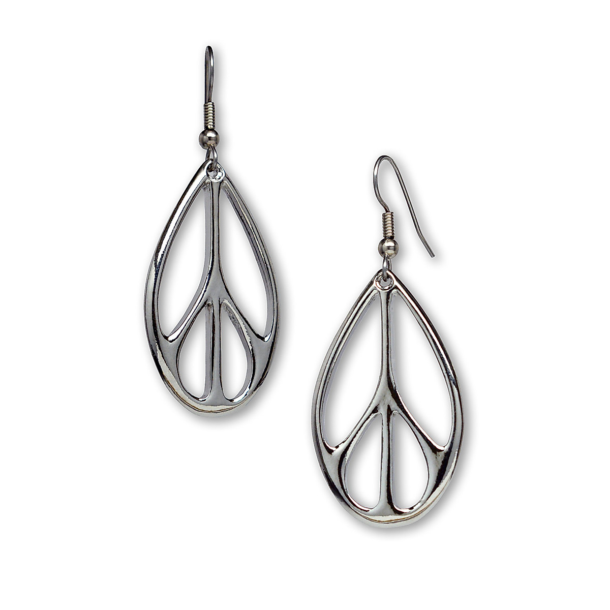 Oval Hippie Peace Sign Dangle Earrings Silver Finish Pewter