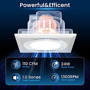Hon&Guan Bathroom Exhaust Fan with Light, Quiet Square Bathroom Vent Fan with Adjustable LED Light 3000K/4500K/6500K, 110 CFM, 1.0 Sones, Bathroom Fan with Light for Home Bath Hotel