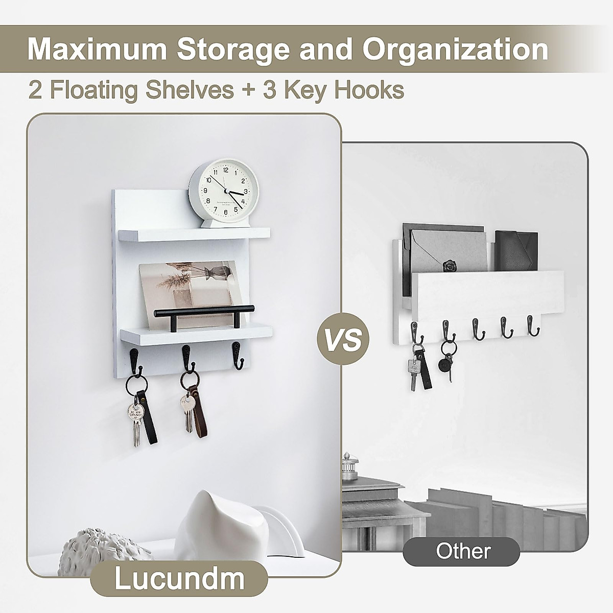 Lucundm Key Holder Wall Mount, Mail Shelf Decor with 3 Key Hooks, Versatile Wood Wall Organizer for Entryway Hallway (8.2” x 10.6”x 3.6”) (White)