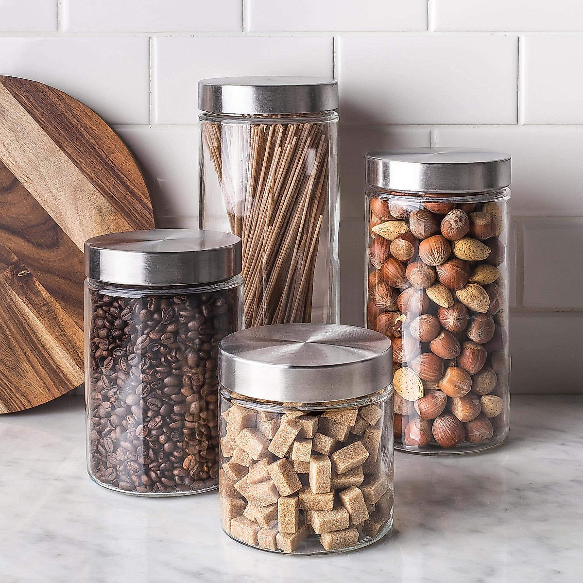 4pc Canister Sets for Kitchen Counter or Bathroom + Labels & Marker, Glass Cookie Jars with Airtight Lids - Food Storage Containers with Lids Airtight for Pantry - Flour, Sugar, Coffee, Cookies, etc.