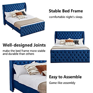 DUNTRKDU Queen Size Velvet Upholstered Platform Bed Frame with Button Tufted Headboard and Wingback, Wood Slat Support, No Box Spring Needed, Under Bed Storage (Blue)