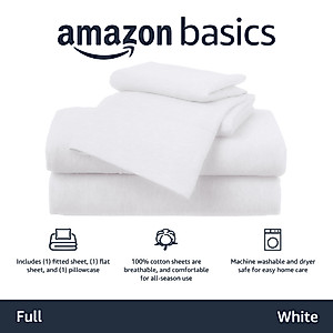 Amazon Basics 4 Piece Bed Sheet Set, 100% Cotton Jersey, Includes Super Soft, Flat and Fitted Sheets, Pillowcase, Full, White, Solid