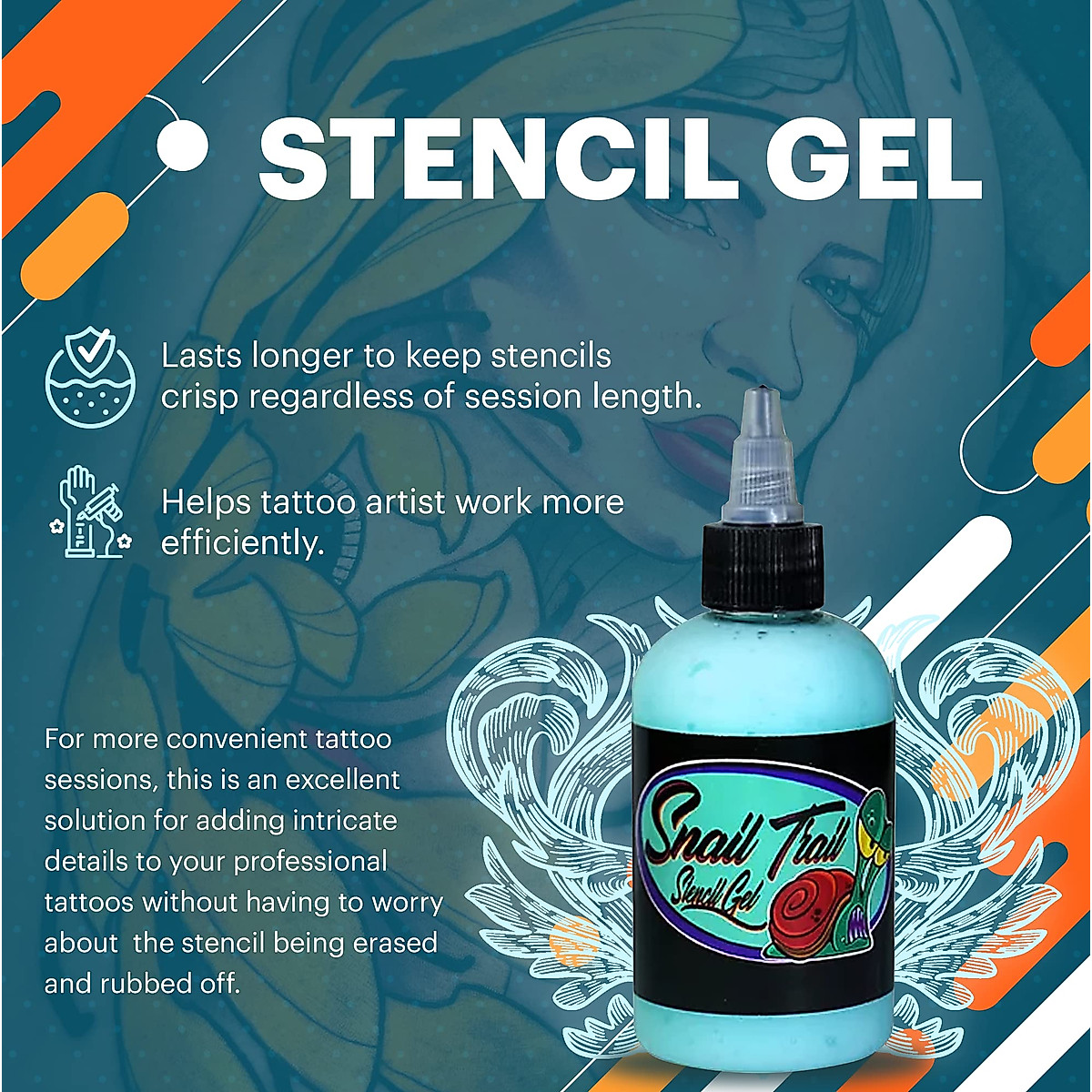 Snail Trail Stencil Gel - Tattoo Stencil Gel, 8 oz. - Solution for Crisp, Sharp, Clean, Dark Stencils - Dries Fast & Long Lasting Professional Stencil Transfer Gel for Tattoo Artists & Tattoo Shops