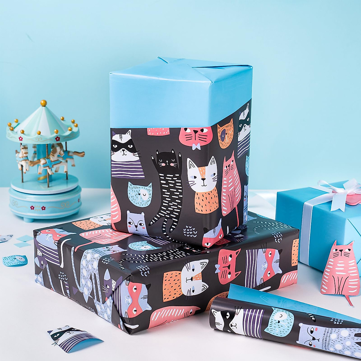 WRAPAHOLIC Reversible Wrapping Paper - Mini Roll - 17 Inch x 33 Feet - Adorable Cat and Solid Blue Design for Birthday, Holiday, Party, Baby Shower