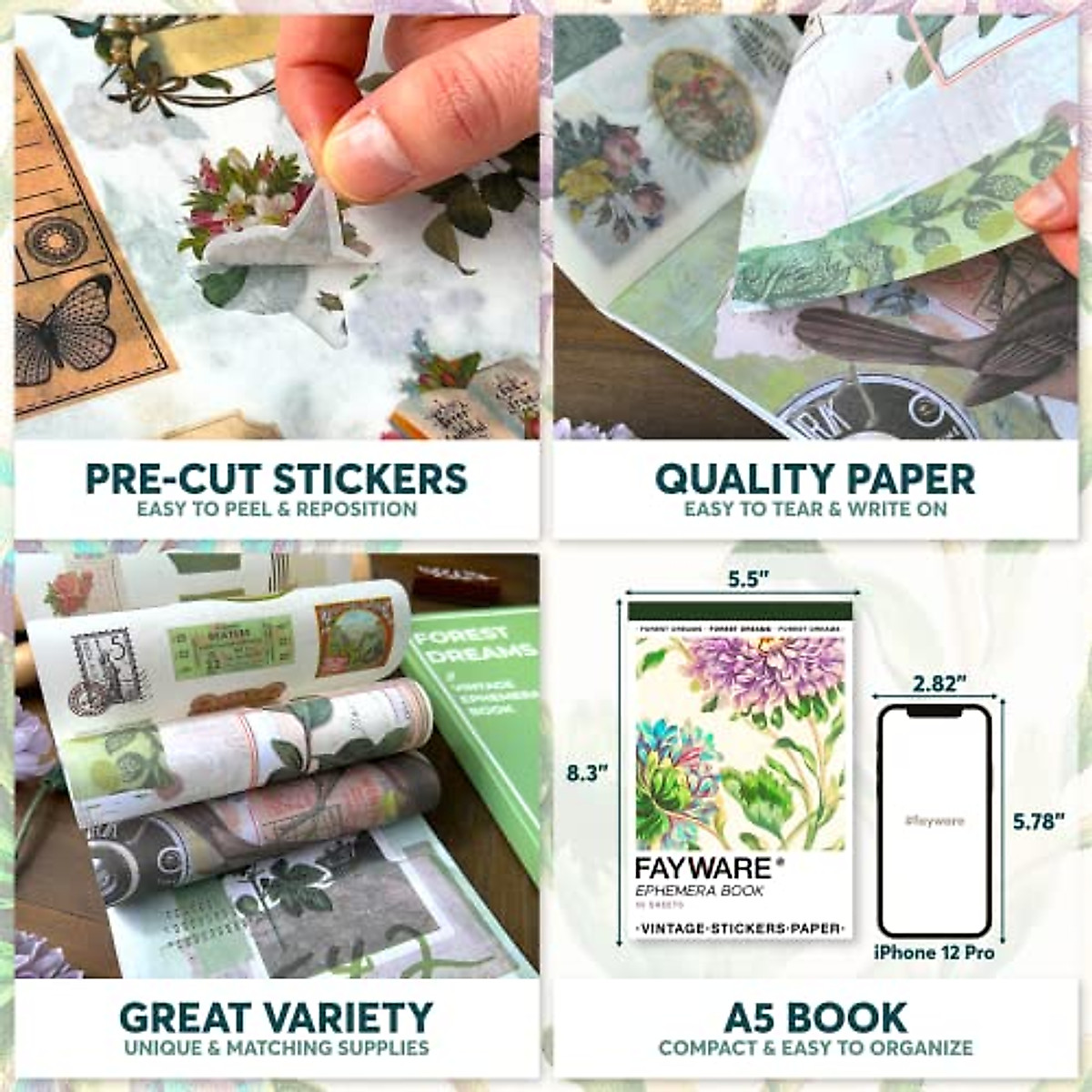 FAYWARE Washi Vintage Stickers for Scrapbooking - Ephemera Sticker Book for Journaling with 453 Botanical Stickers and 20 Scrapbook Papers. Ephemera for Junk Journals, Journaling Supplies for Adults