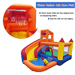 HuaKastro Inflatable Bounce House Water Slide with Blower, 5 in 1 Backyard Water Park W/Climbing Wall, Splash Pool, Jumping Castle, Water Slide, Cannon, Bucket Dump for Indoor Outdoor Parties