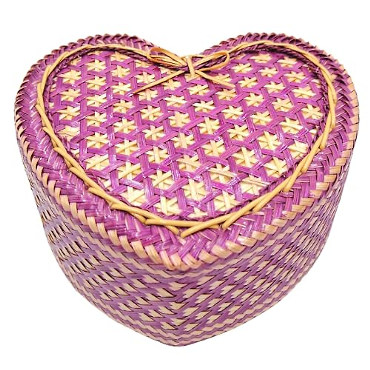 Bamboo Sticky Rice Serving Basket 6 x 5.2 Inch, Kratip, Intricately Woven Container, Heart-Shaped, Pikul Flower Weave Pattern, Thailand Handmade (Purple)