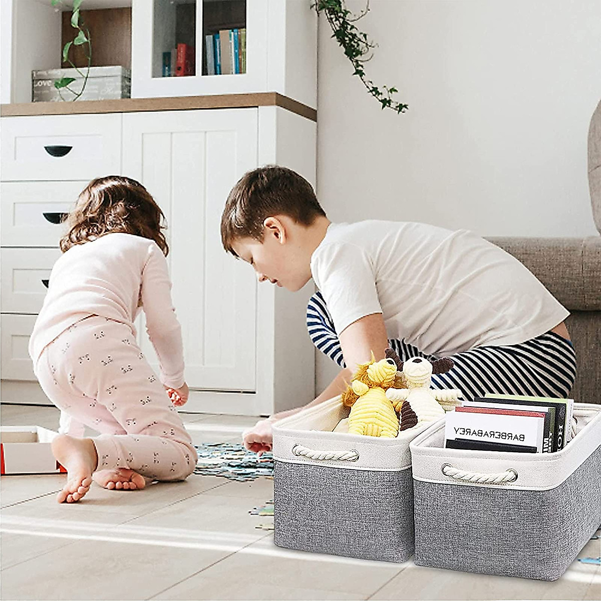 HNZIGE Large Storage Baskets for Shelves(3 Pack) Fabric Storage Baskets, Empty Gift Baskets with Rope Handles, Decorative Foldable Storage Baskets for Organizing Home(White&Gray,15" x 11" x 9.5")
