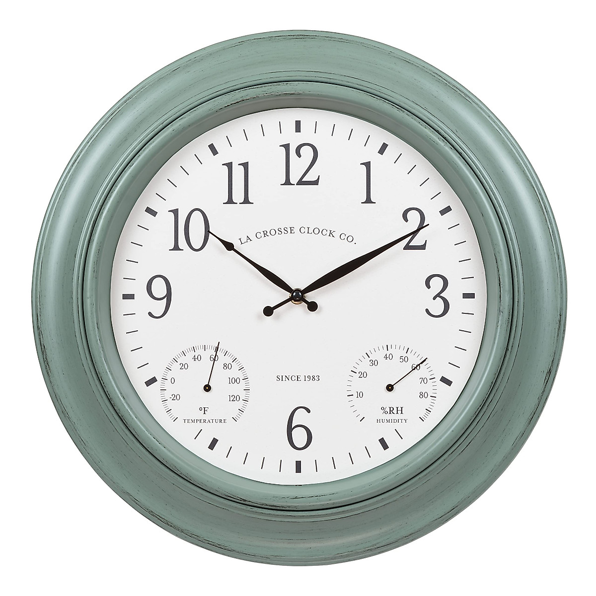 La Crosse Clock 433-3846 18 in. Indoor/Outdoor Sage Green Quartz Wall Clock with Temperature & Humidity