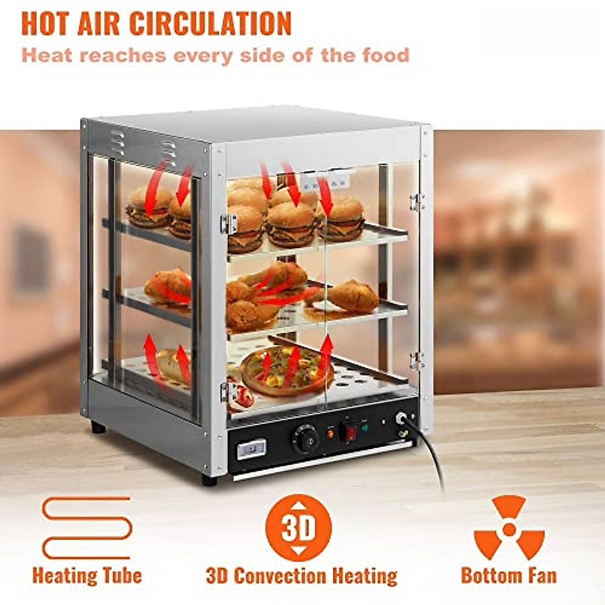 Commercial Food Warmer Countertop Pizza Cabinet with 3 Tiers, Convection Heating, Temperature Control, and Glass Display