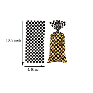 CSTYWC 50 Pieces Cellophane Car Candy Bags Black White Checkered Racing Treat Bags Plastic Race Gift Goodie bags with 50Pieces Twist Ties for Cars Birthday Party Decorations