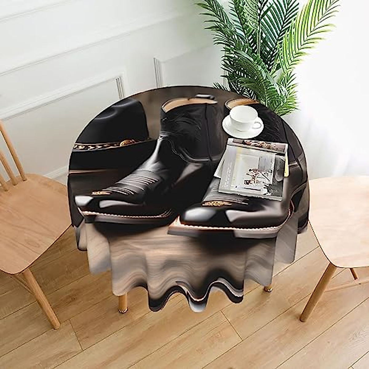 FRESQA Cowboy Black Hat Western Boots Round Tablecloth 60 NCH,Waterproof Washable Kitchen Dining Room Round Tablecloth